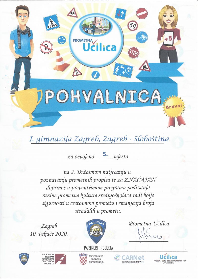 Pohvalnica Prometne učilice za sudjelovanje i osvojeno 5. mjesto u 2 ...